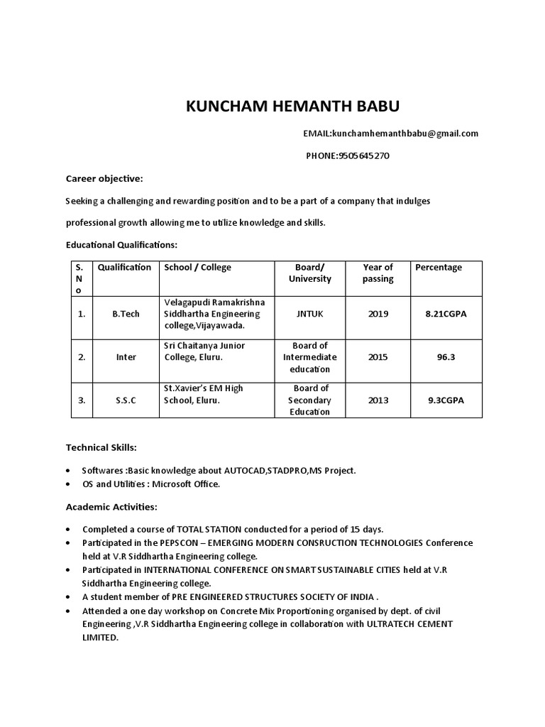 KUNCHAM HEMANTH BABU RESUME Final | PDF | Learning | Further Education