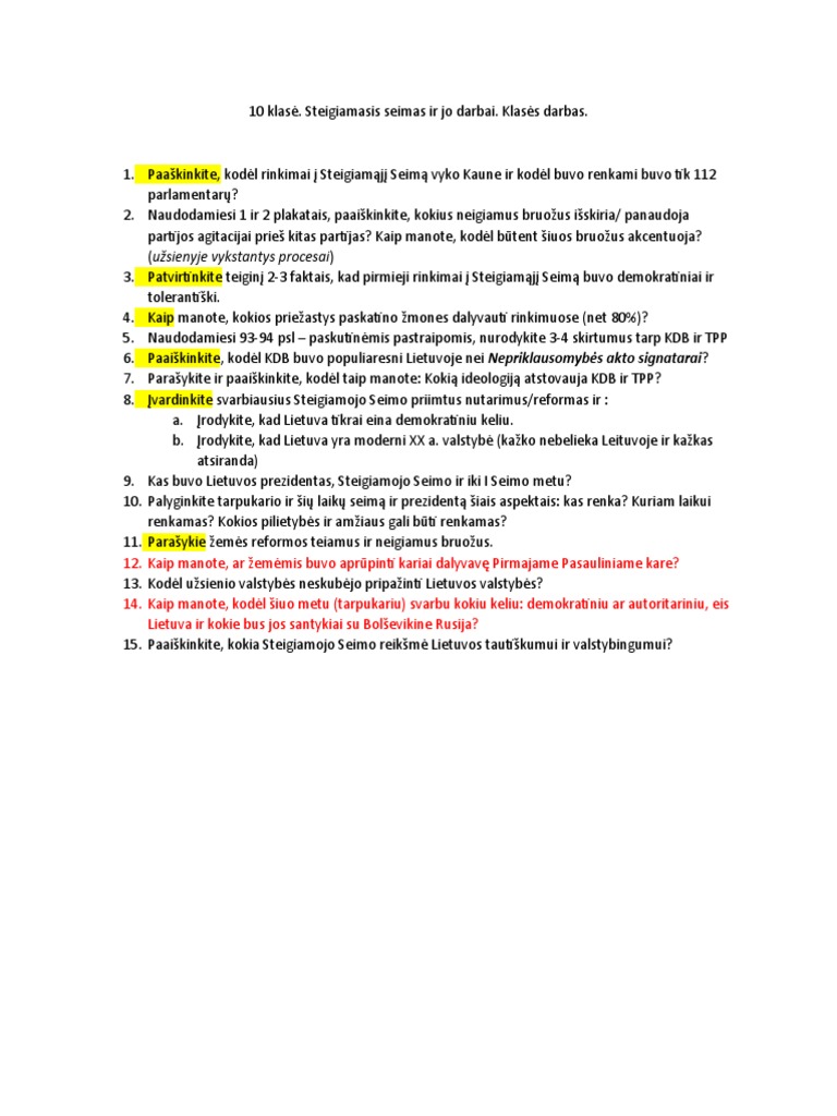 10 Klasė. Steigiamasis Seimas Ir Jo Darbai. Klasės Darbas. | PDF