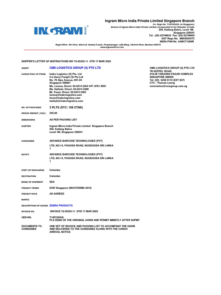 Ingram Micro India Private Limited Singapore Branch: Cms Logistics ...