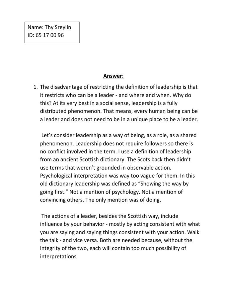 Thy Sreylin Define Leadership | PDF | Common Sense | Leadership