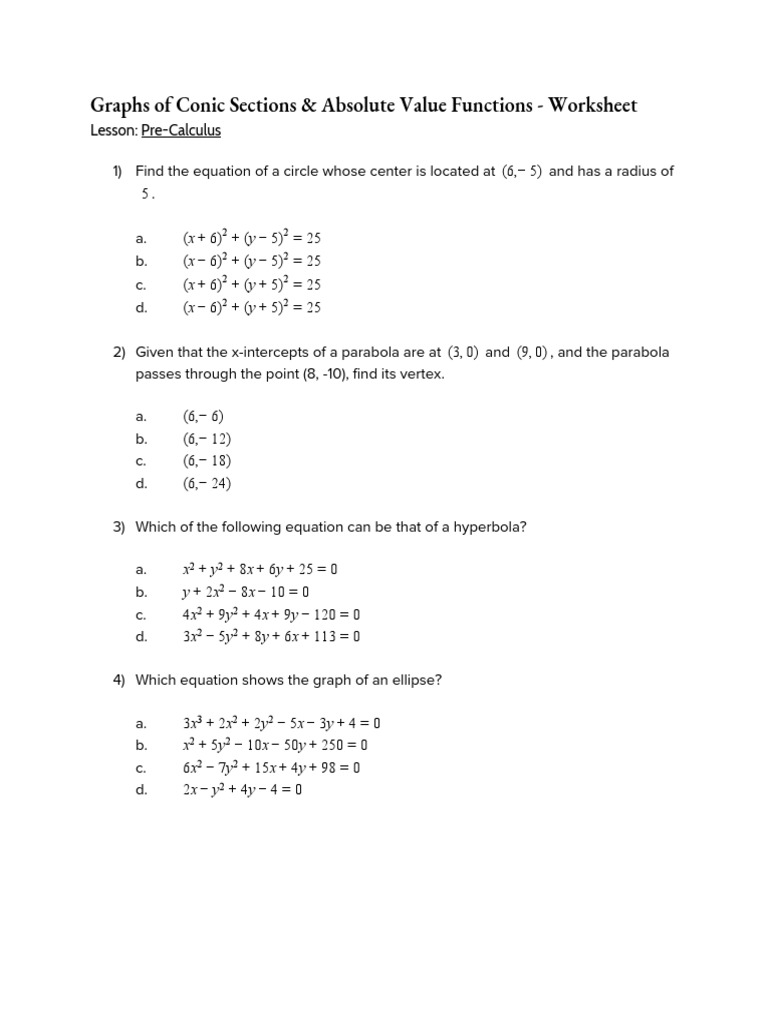 Conic Sections Graphing Worksheet | PDF | Circle | Differential Geometry