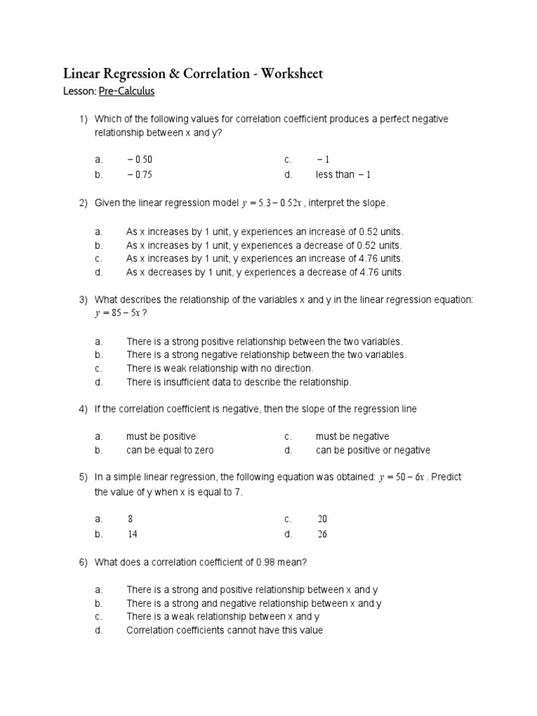 Linear Regression & Correlation Worksheet | PDF | Correlation And Dependence | Regression Analysis