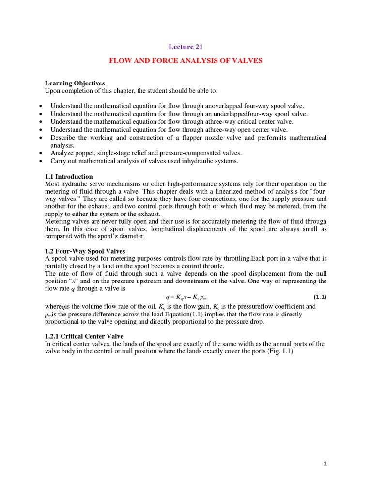 Flow and Force Analysis of Valves: Learning Objectives | PDF