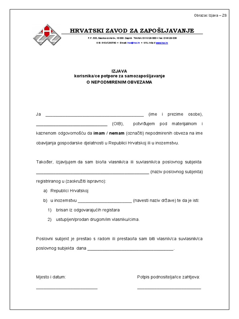 1 Izjava o Nepodmirenim Obvezama - Samozapošljavanje - 2020 | PDF