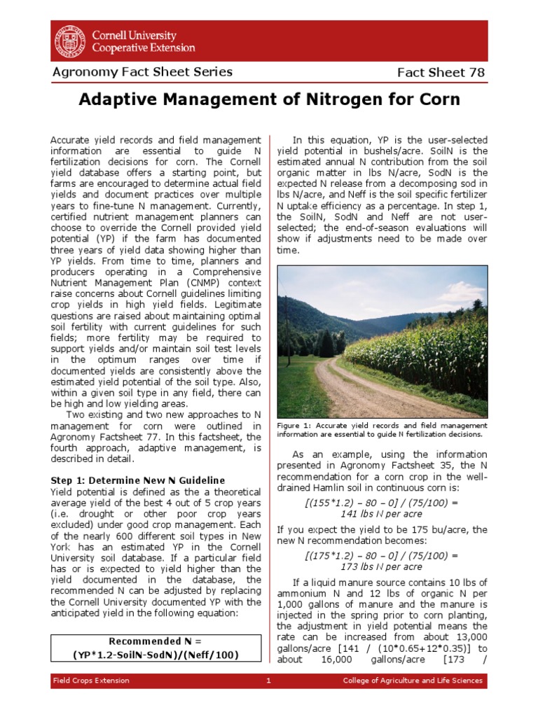 Adaptive Management of Nitrogen For Corn: Fact Sheet 78 Agronomy Fact ...