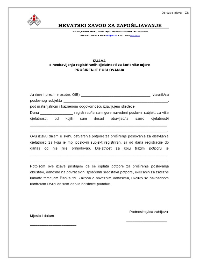 1 Izjava o Neobavljanju Registriranih Djelatnosti Proširenje Poslovanja ...