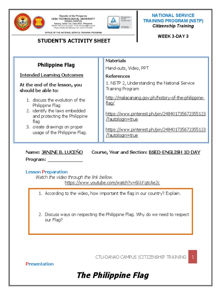 The Philippine Flag: Student'S Activity Sheet | PDF | Flag | Behavior ...