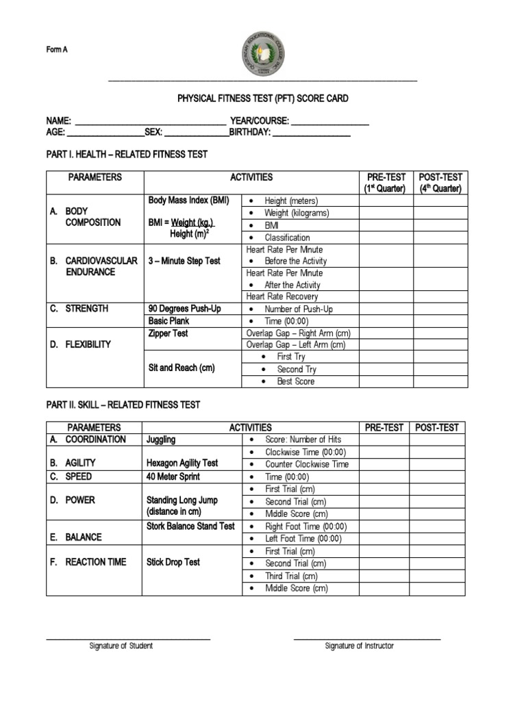 Fitness Test Score Card 1 | PDF | Body Mass Index | Physical Exercise