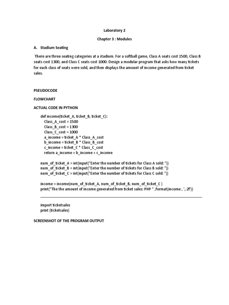 Laboratory 2 Chapter 3: Modules A. Stadium Seating | PDF | Computer Programming | Computing