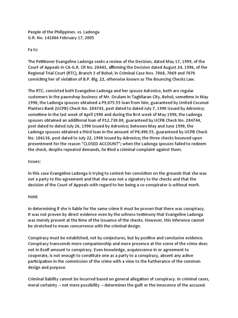 Ladonga V People GR No. 141066 | PDF | Conspiracy (Criminal) | Burden ...