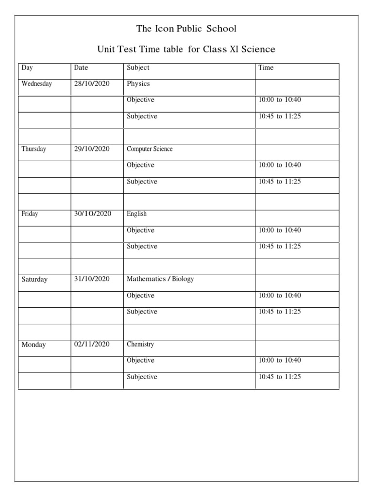 The Icon Public School Unit Test Time Table For Class XI Science | PDF