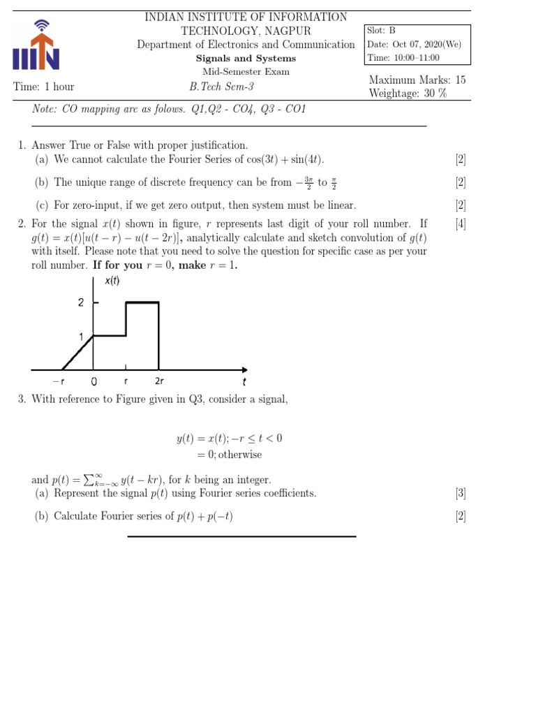 Mid-Semester Exam Signals and Systems | PDF