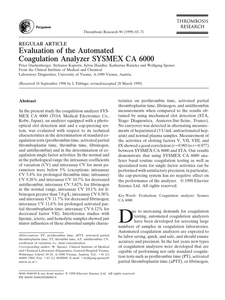 Evaluation of The Automated Coagulation Analyzer SYSMEX CA 6000 | PDF ...