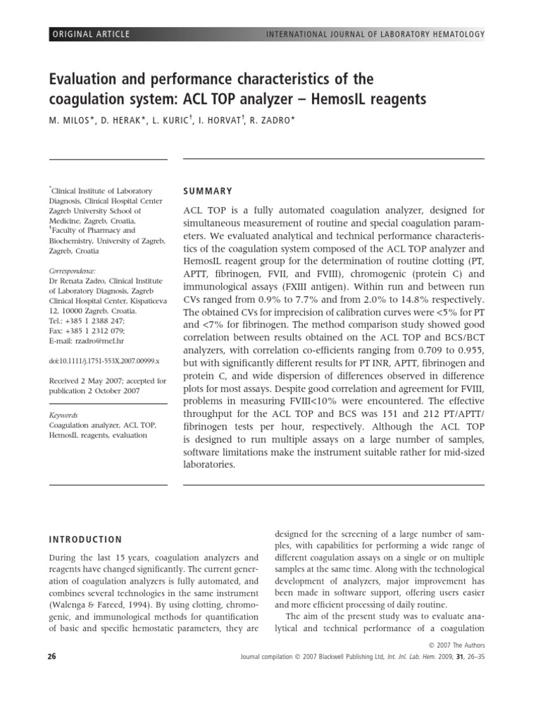 Evaluation and Performance Characteristics of The Coagulation System ...