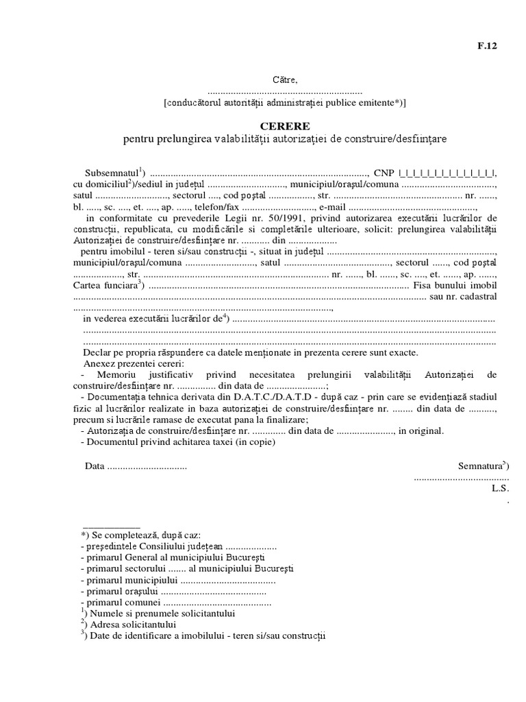 Cerere Prelungire Autorizatie Construire | PDF