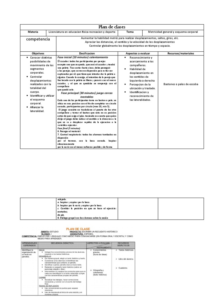 Plan de Clases: Motricidad y Esquema Corporal | PDF | Deportes | Ocio