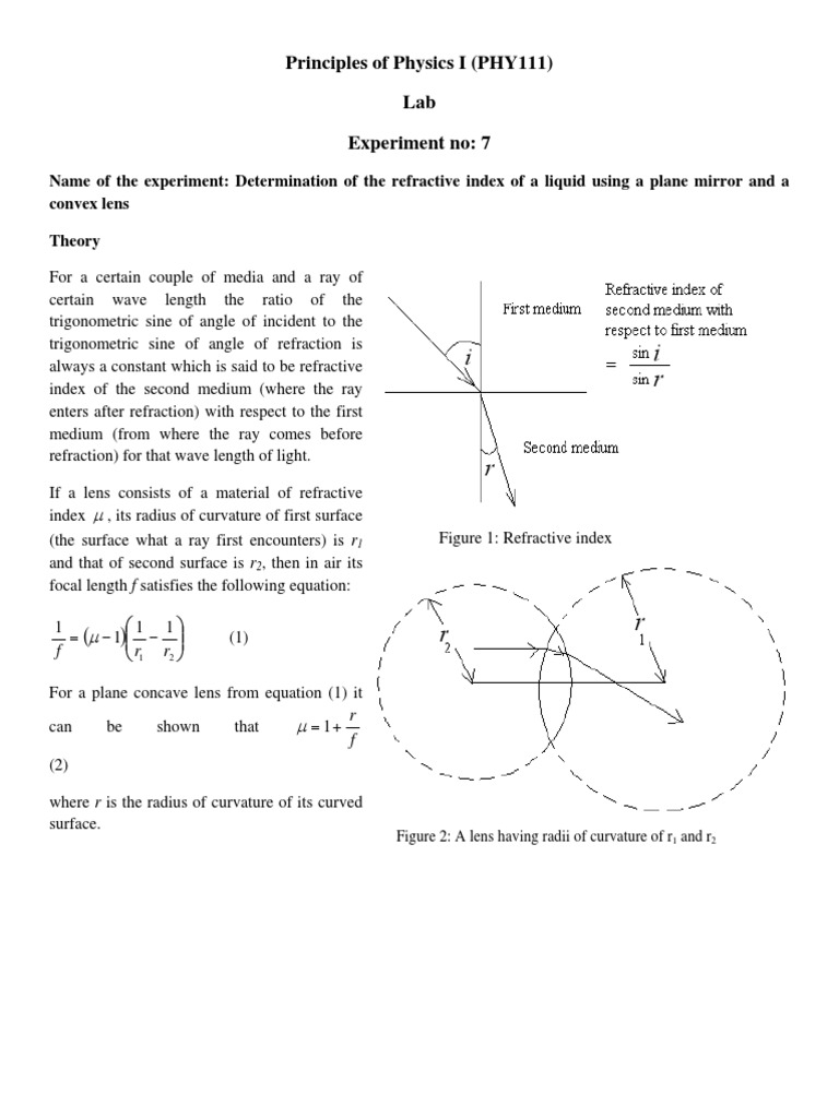 Principles of Physics I (PHY111) Lab Experiment No: 7 | PDF | Natural Philosophy | Optics