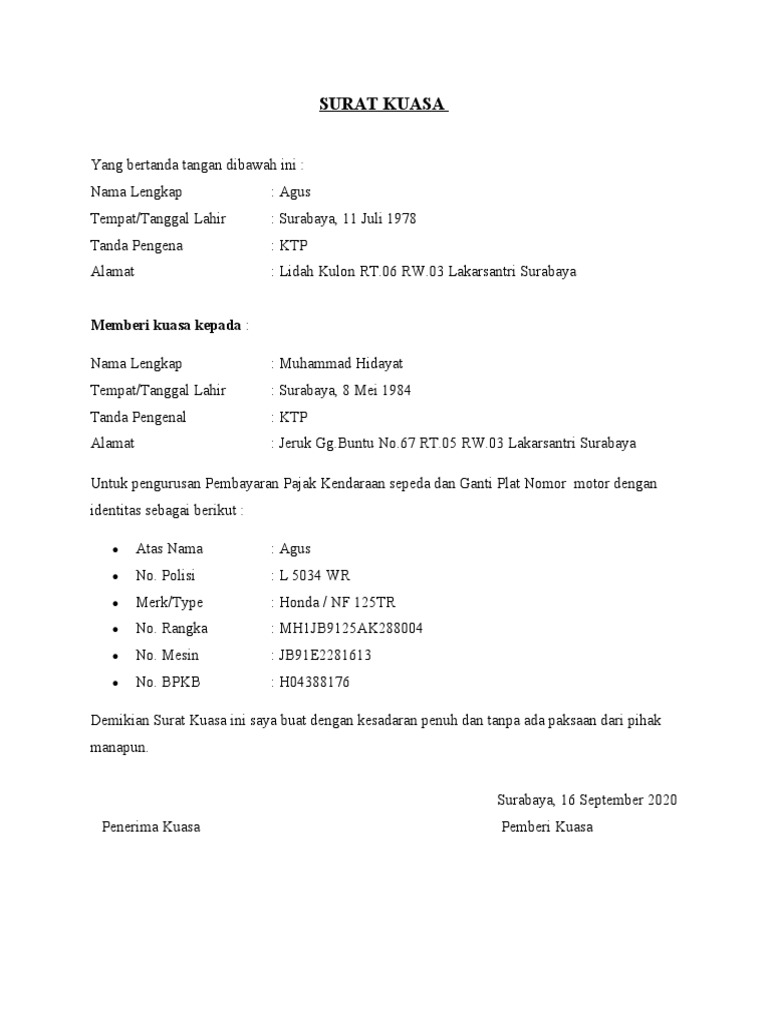Surat Kuasa Untuk Mengurus Samsat Atau Pajak Mobil Dan Motor 1 | PDF