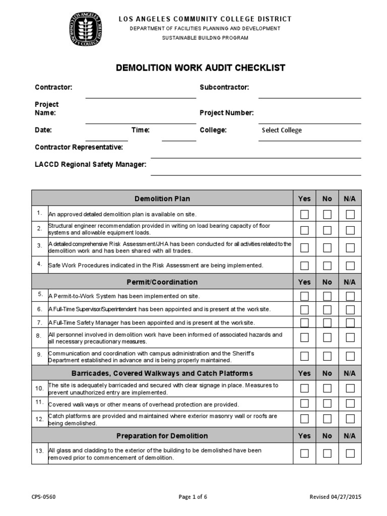 Demolition Work Audit Checklist: Los Angeles Community College District ...