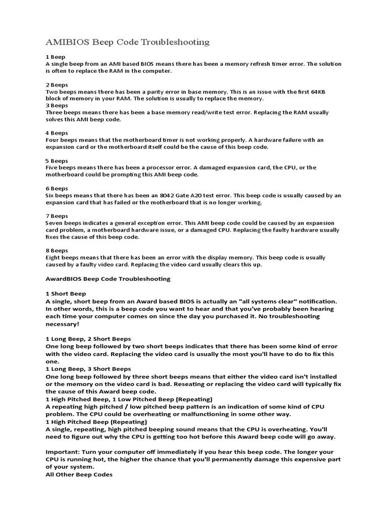 Beep Code Troubleshooting | PDF | Bios | Classes Of Computers