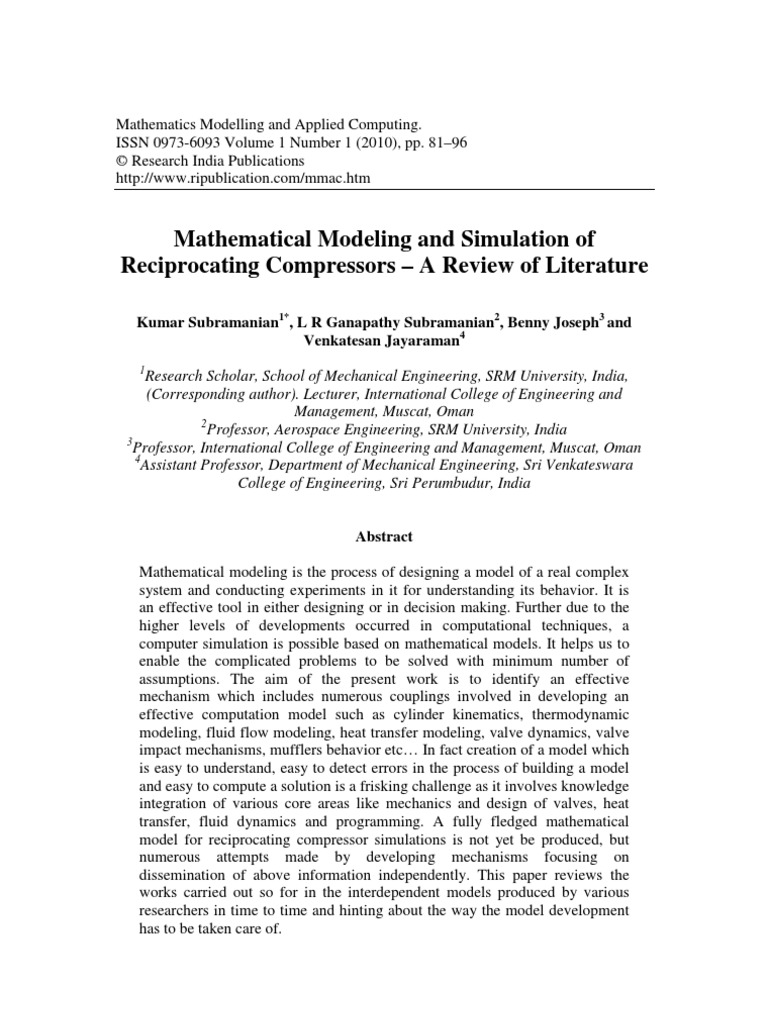 Mathematical Modeling of Compressors | PDF | Fluid Dynamics | Piston
