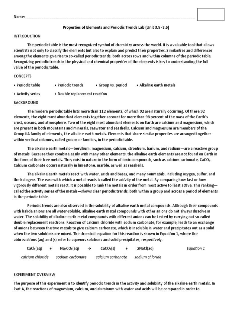 Properties of Elements and Periodic Trends Lab | PDF | Calcium ...