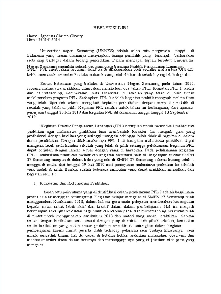 Contoh Refleksi Diri PPL | PDF