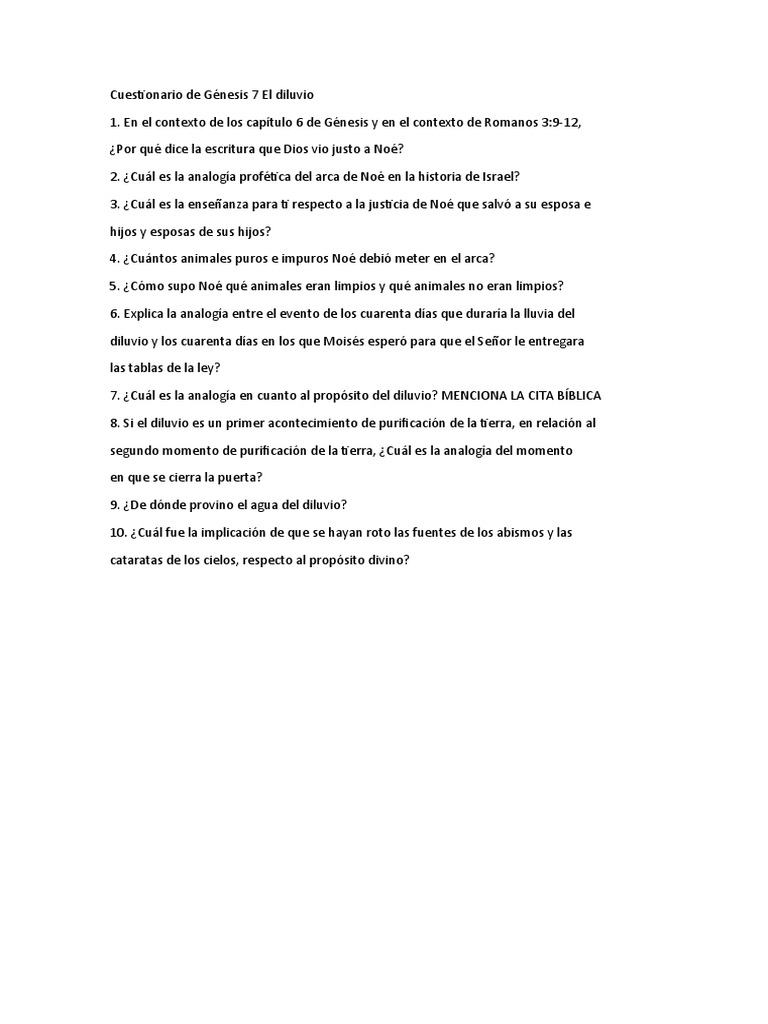 Cuestionario de Génesis 7 El Diluvio | PDF