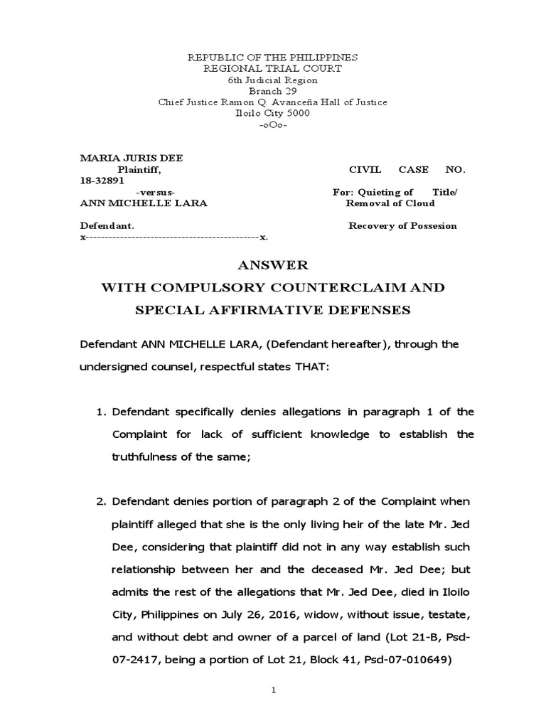 Answer With Compulsory Counterclaim and Special Affirmative Defenses ... Answer With Compulsory Counterclaim and Special Affirmative Defenses ...