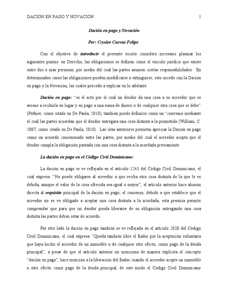 Dacion en Pago y Novacion | PDF | Pagos | Derecho privado