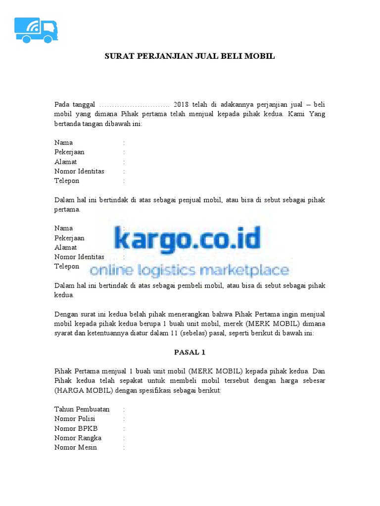 Surat Perjanjian Jual Beli Mobil Dan Truk | PDF | Bisnis | Hukum