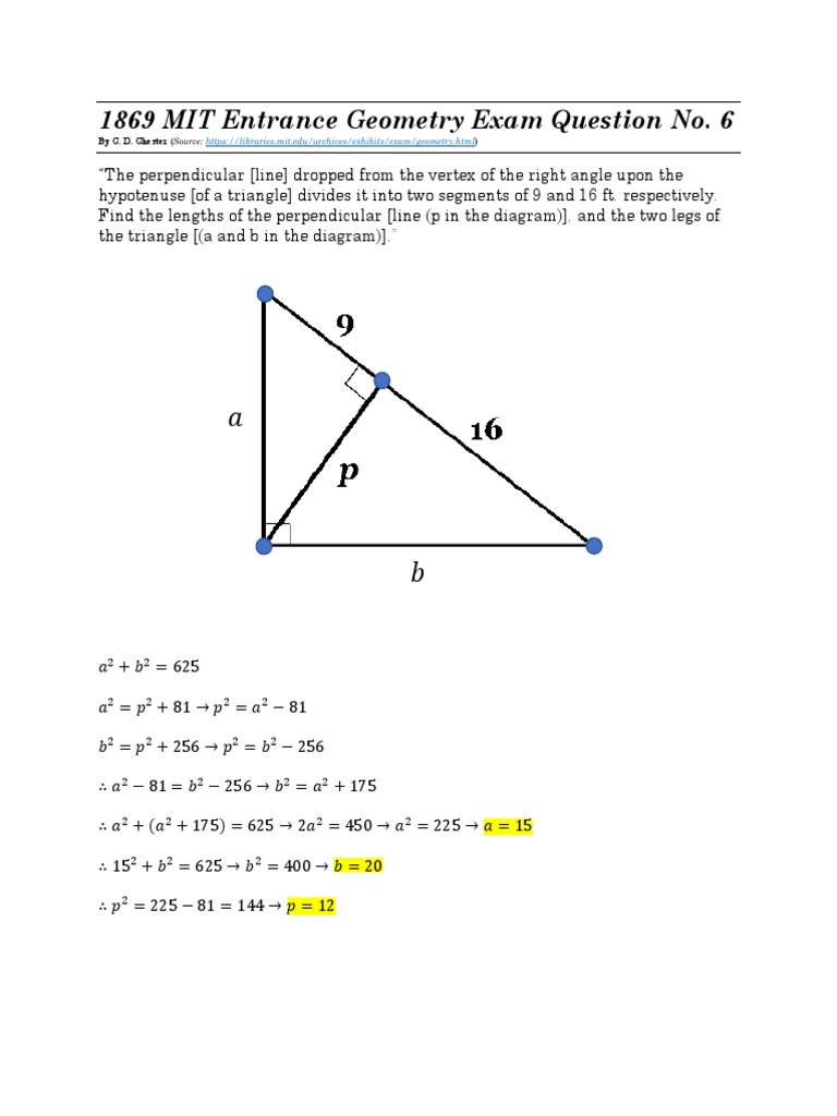 1869 MIT Entrance Geometry Exam Question No. 6: by C. D. Chester ...