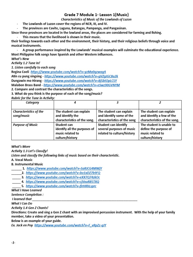 Grade 7 Module 1-Lesson 1 (Music) | PDF | Performing Arts | Music Theory