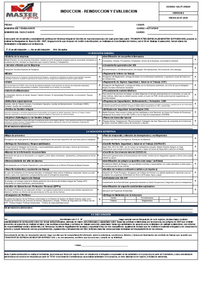 20 Ga-Ft-Ire-09 Formato de Induccion y Reinduccion - Evaluacion | Descargar gratis PDF ...