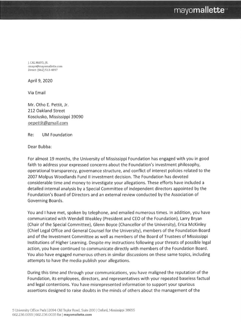 Ole Miss Letter To Pettit | PDF