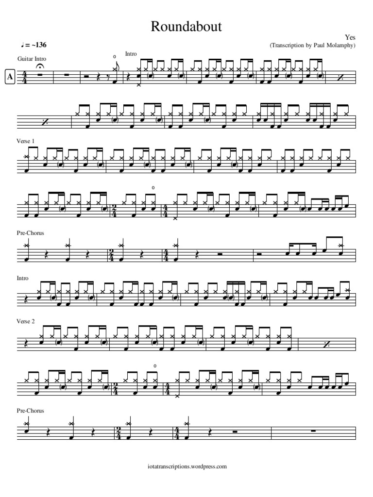 Yes - Roundabout Drum Sheet | PDF | Song Structure | Songs