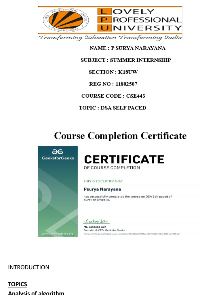 Name: P Surya Narayana Subject: Summer Internship Section: K18Uw REG NO: 11802507 Course Code ...