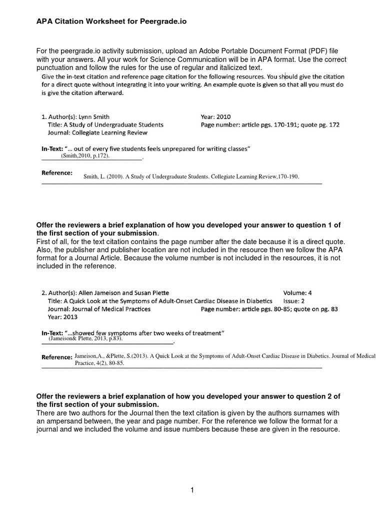 APA Citation Worksheet For Peergrade PDF | PDF | Apa Style | Citation