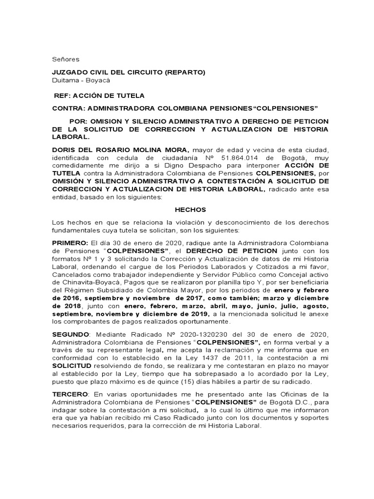 Tutela Correccion Historia Laboral 3 Doris Molina | PDF | Petición ...