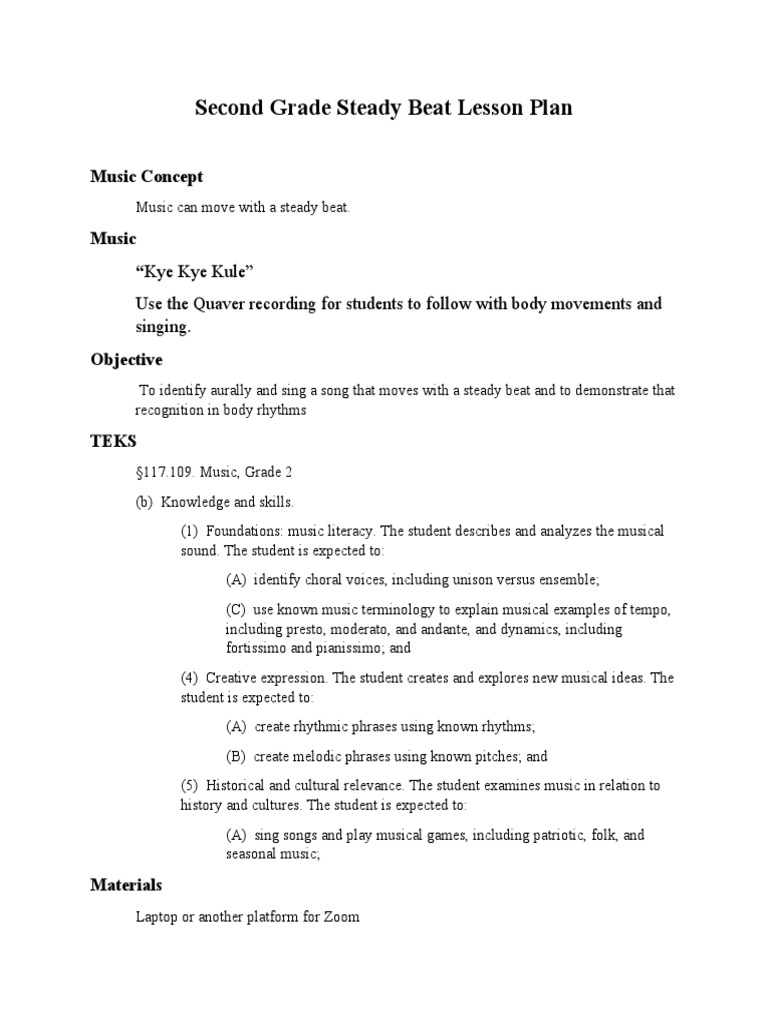 Second Grade Steady Beat Lesson Plan | PDF | Tempo | Rhythm