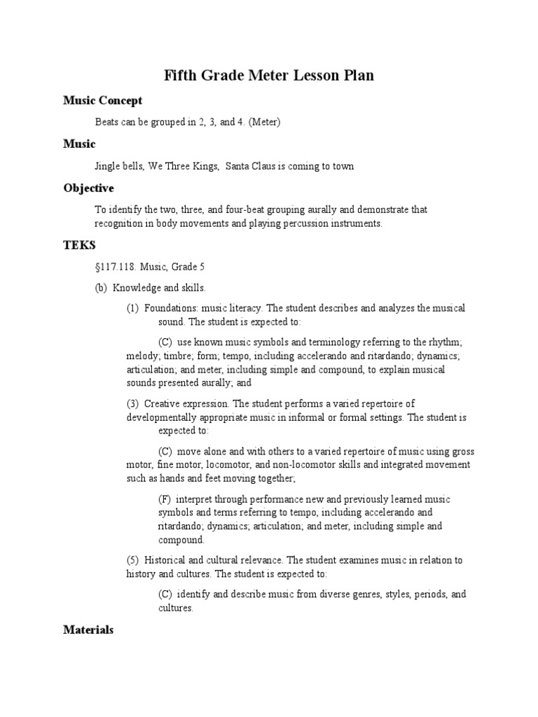 Fifth Grade Music Meter Lesson Plan | PDF | Tempo | Performing Arts