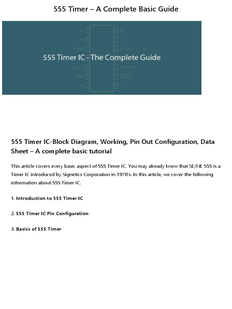 555 Timer IC-Block Diagram-Working-Pin Out Configuration-Data Sheet | PDF