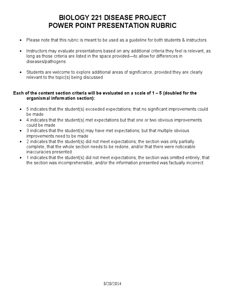 Biology 221 Disease Project Rubric | PDF | Rubric (Academic) | Medical ...