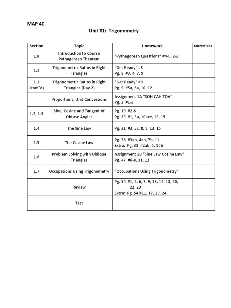 Map 4C Unit #1: Trigonometry: Section Topic Homework | PDF