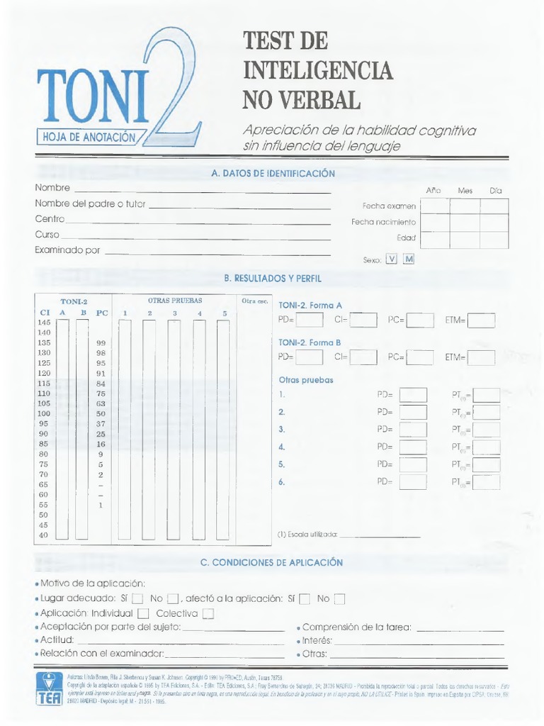 TONI 2, Protocolo | PDF | Inteligencia | Cognición