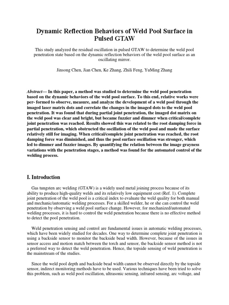 Dynamic Reflection Behaviors of Weld Pool Surface in Pulsed GTAW | PDF ...