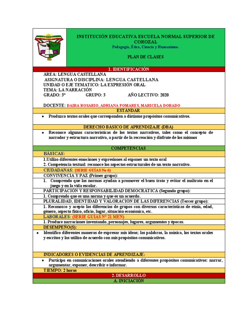 Formato Plan de Clases Lengua Castellana | PDF | Narrativa | Educación avanzada