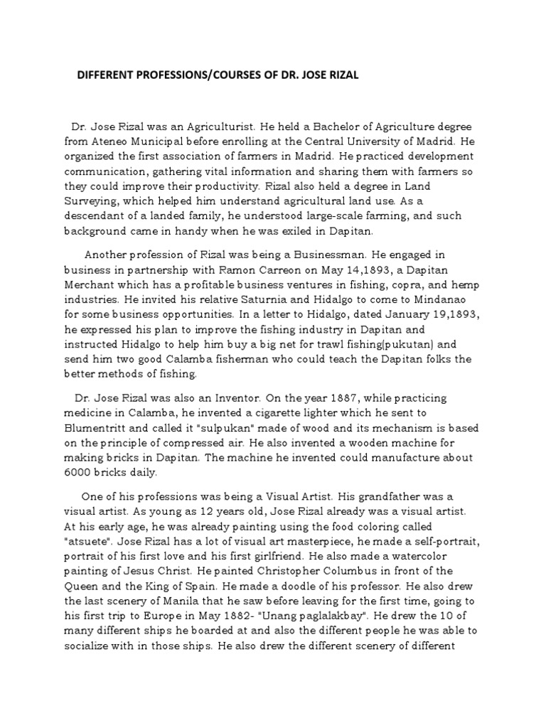 Different Professions/Courses of Dr. Jose Rizal | PDF | Agriculture ...