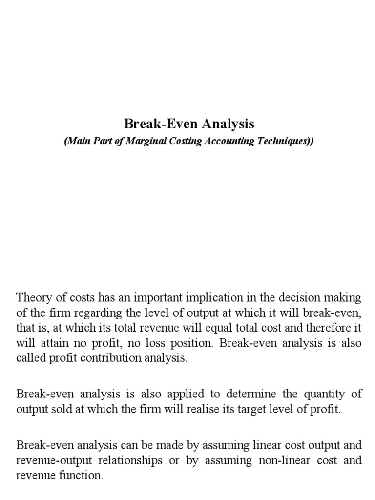 Break-Even Analysis in Costing Techniques | PDF | Marginal Cost | Economics