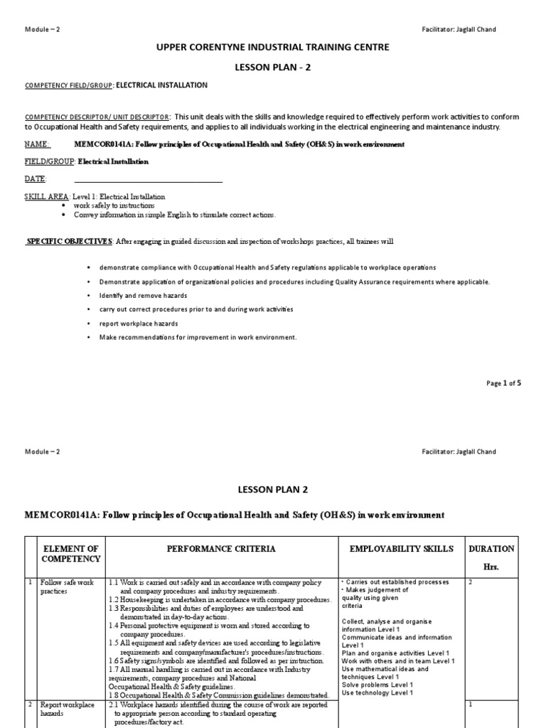 LESSON PLAN-2-Follow Principles of Occupational Health and Safety | PDF ...